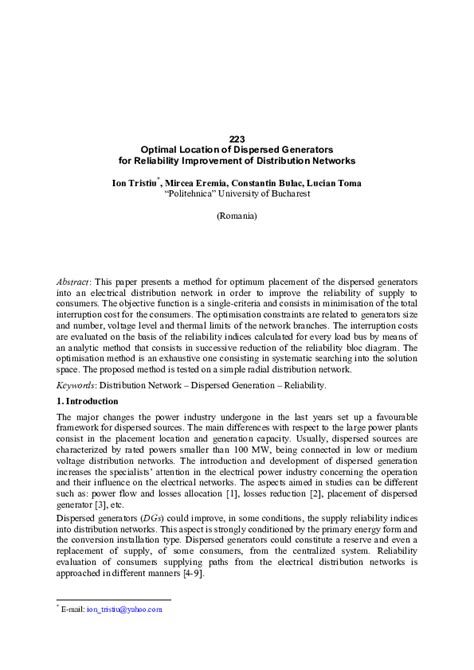 Pdf Optimal Location Of Dispersed Generators For Reliability Improvement Of Distribution Networks