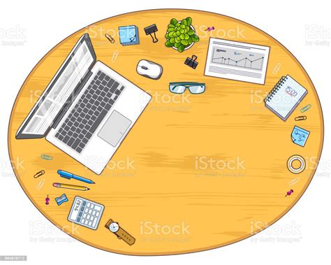 나무 사무실 직원 또는 기업 노트북 컴퓨터와 다양 한 편지지 개체 작업에 대 한 텍스트 복사 공간 책상 직장을 작동 합니다 모든 요소는 별도로 사용 하기 쉽습니다 벡터입니다