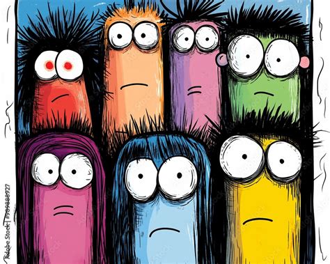 Cartoon Five Different Colored Characters Eyes Hairy Bodies Dating