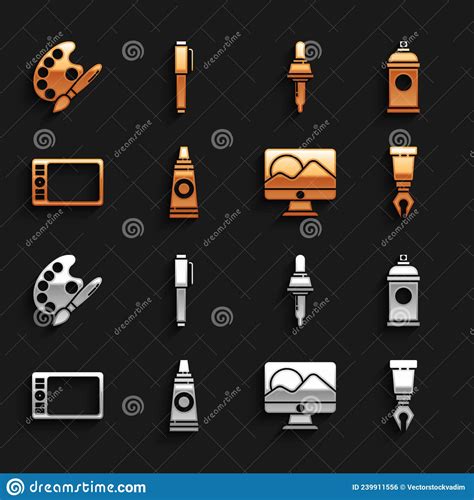 Set Tube With Paint Palette Paint Spray Can Fountain Pen Nib Computer Monitor Screen Graphic