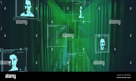 Streaming Server Rack Corridor At Data Center With Cascading Binary Code User Profile Windows