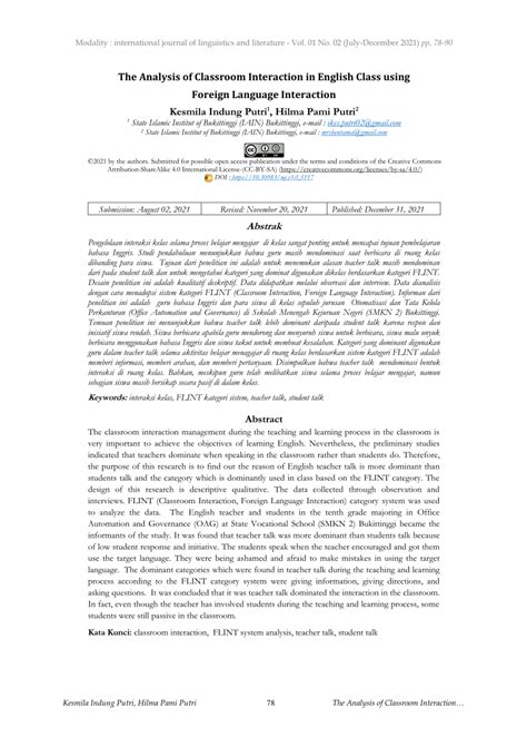 Pdf The Analysis Of Classroom Interaction In English Class Using Foreign Language Interaction