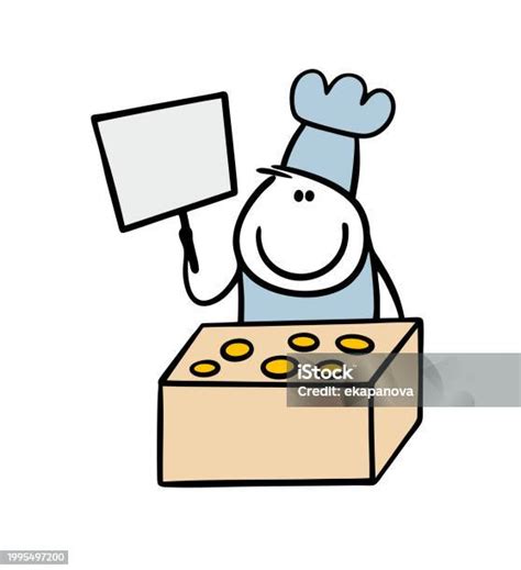 친절한 빵 굽는 사람이 손에 팻말을 들고 서서 케이크를 제공합니다 만화 벡터 요리사는 음식에주의를 끌기 위해 모자를 착용합니다 흰색 배경에 고립 된 손으로 그린 그림입니다