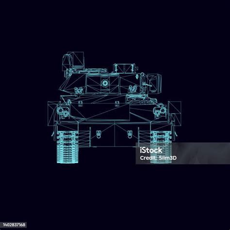 어두운 배경에 고립 된 파란색 선에서 전투 탱크 와이어 프레임 정면보기 3d 벡터 일러스트레이션 군사에 대한 스톡 벡터 아트 및