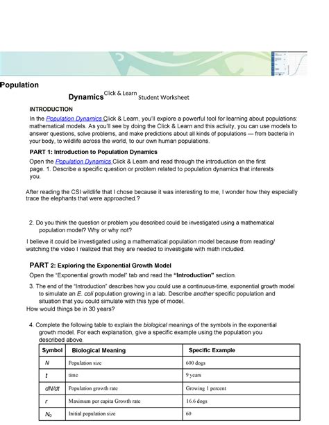 Population Dynamics Activity Population Dynamics Click And Learn