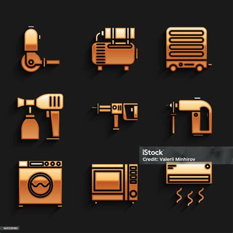 로터리 해머 드릴 머신 전자 레인지 에어컨 와셔 및 페인트 스프레이 건 아이콘을 설정합니다 벡터 Rotary
