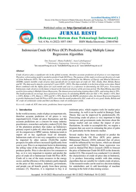 PDF Indonesian Crude Oil Price ICP Prediction Using Multiple Linear Regression Algorithm
