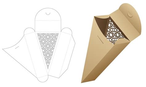 아랍어 패턴 창 다이 컷 템플릿 및 3d 모형이 있는 삼각형 상자 프리미엄 벡터