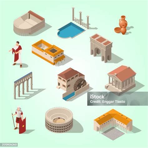 고 대 로마 사람들 랜드 마크 건축 요소 도자기 아이소 메트릭 콜로세움 판테온 승리의 아치 절연 벡터 일러스트 레이 션 등측
