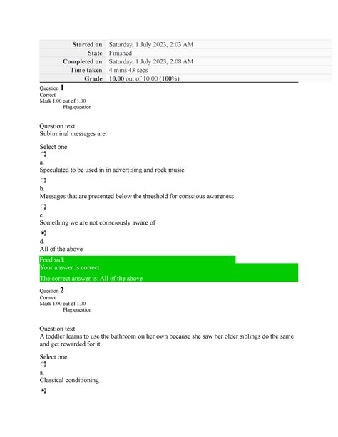 PSYC 1504 UNIT 3 SELF QUIZ Started On Saturday 1 July 2023 2 03 AM State Finished Completed