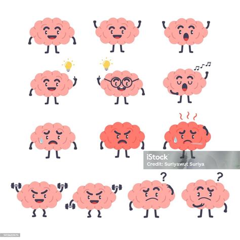 Set Of Brain Character Flat Cartoon Expression Emotion Intelligence