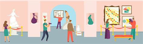 박물관 개념 벡터 일러스트레이션 미술 전시회 갤러리 박람회 인테리어 디자인에서 플랫 피플 남자 여자 캐릭터 문화 회화 작품