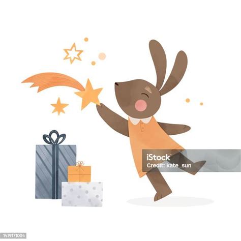 귀여운 토끼 캐릭터의 수채화 그림 선물 별 및 마법으로 어린이 축하 행사 어린이 생일 축하합니다 크리스마스 토끼 년 직물 인쇄 가정 장식에 딱 맞습니다 0명에 대한 스톡