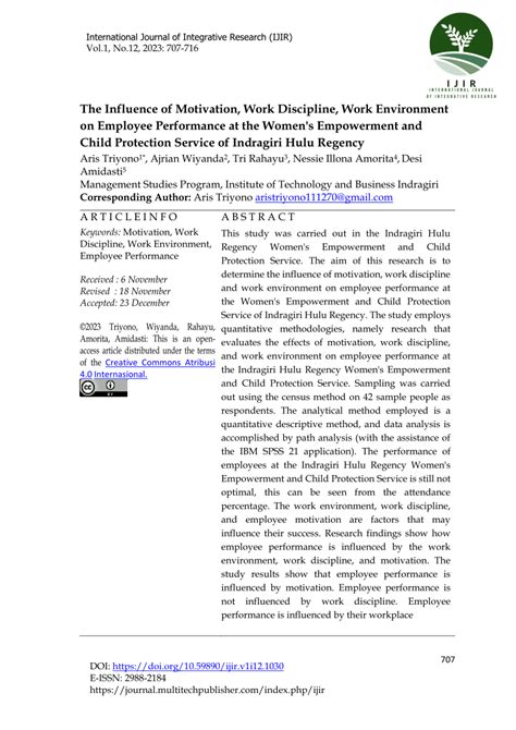 Pdf The Influence Of Motivation Work Discipline Work Environment On Employee Performance At