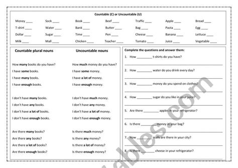 QUANTIFIERS WITH COUNTABLE AND UNCOUNTABLE NOUNS ESL Worksheet By Lubar