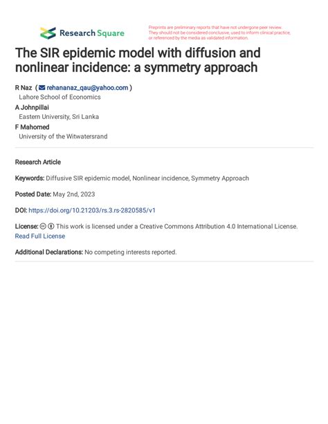 Pdf The Sir Epidemic Model With Diffusion And Nonlinear Incidence A Symmetry Approach