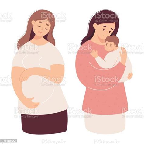 임신과 모성 갓 태어난 아기를 품에 안고 있는 귀여운 행복한 임산부와 젊은 엄마 평면 만화 스타일의 벡터 그림입니다 고립된 여성 캐릭터 6 11 개월에 대한 스톡 벡터 아트