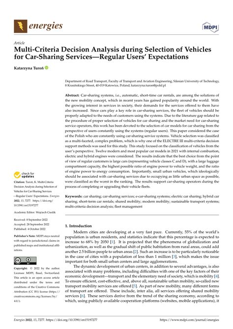 Pdf Multi Criteria Decision Analysis During Selection Of Vehicles For Car Sharing Services