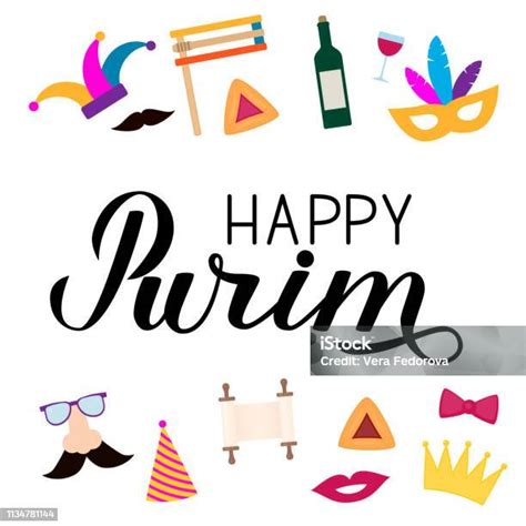 전통적인 유대인 상징을 가진 행복 한 청교도 서 예 손 글자 Hamantaschen 쿠키 메 길 라에 스 더 와인 마스크 왕관 카니발 벡터 일러스트입니다 성경에 대한 스톡