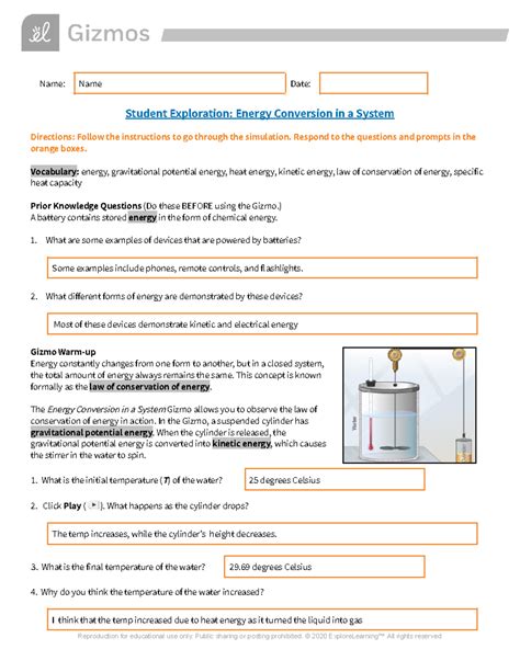 Energy Conversion System Gizmos Name Name Date Babe Exploration Energy Conversion In A