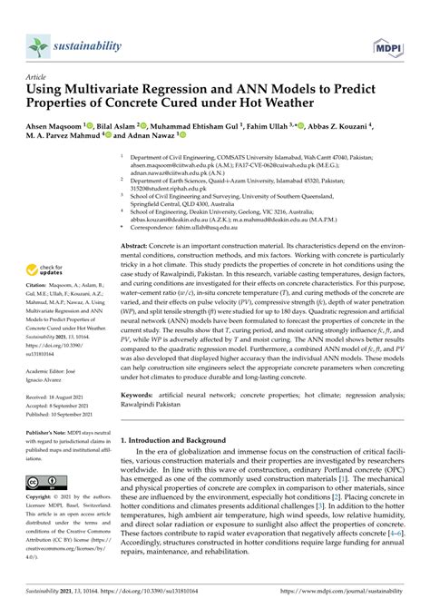Pdf Using Multivariate Regression And Ann Models To Predict Properties Of Concrete Cured Under