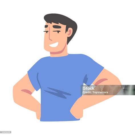 자신감 젊은 남자 자신의 엉덩이에 손으로 서 긍정적 인 감정을 표현하는 가이 자기 사랑 자기 자부심 수용 존경 만화 벡터 일러스트 가공의 인물에 대한 스톡 벡터 아트 및