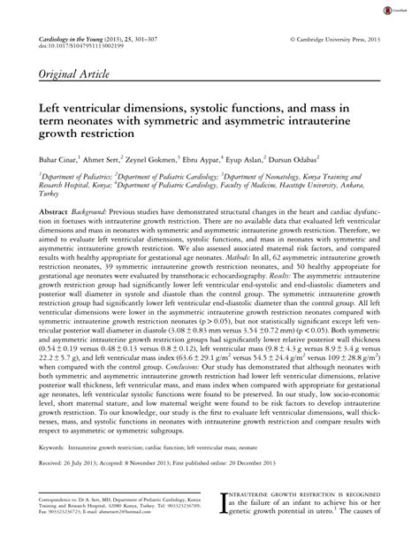 Pdf Left Ventricular Dimensions Systolic Functions And Mass In Term