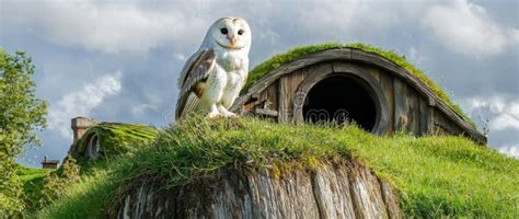 An Owl Rested On A Tree Stump With A Wooden Hobbit House Behind It