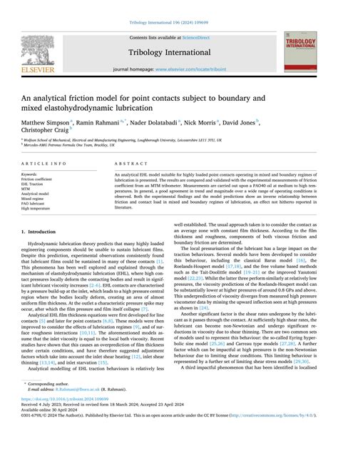 Pdf An Analytical Friction Model For Point Contacts Subject To Boundary And Mixed