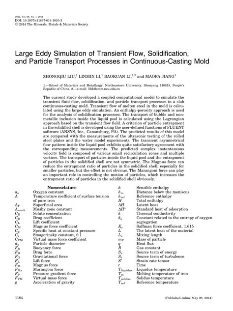 Pdf Large Eddy Simulation Of Transient Flow Solidification And