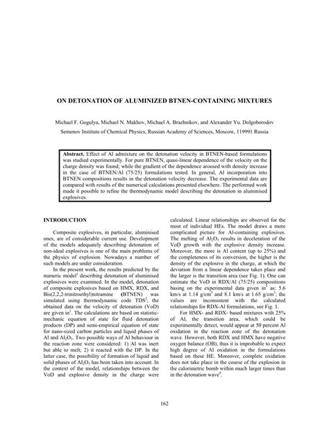 Pdf On Detonation Of Aluminized Btnen Containing Mixtures