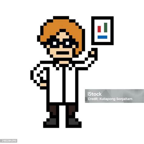 만화 귀여운 픽셀 8 비트 캐릭터 남자 의사 또는 과학자 게임 장식 약사 남성 의사 유니폼 병원 8 비트 남성 픽셀 아트 벡터 개념에 대한 스톡 벡터 아트 및 기타 이미지