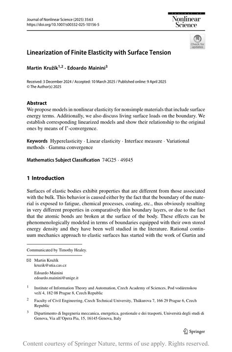 Pdf Linearization Of Finite Elasticity With Surface Tension