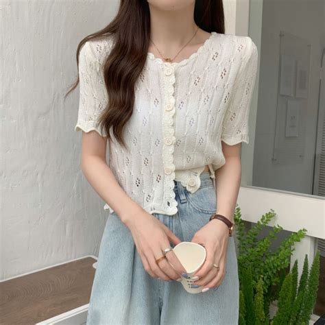 여성 라운드 펀칭 스카시 물결 5부 여름 반팔 니트 숏 가디건 연핑크 민트 크롭가디건