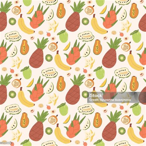 과일 완벽 한 패턴입니다 열대 파인애플 파파야 용과 카람볼라를 곁들인 바나나 커버를 반복합니다 이국적인 달콤한 컷과 전체 과일 끝없는 배경 벡터 손으로 그린 그림입니다