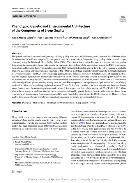 Pdf Phenotypic Genetic And Environmental Architecture Of The Components Of Sleep Quality