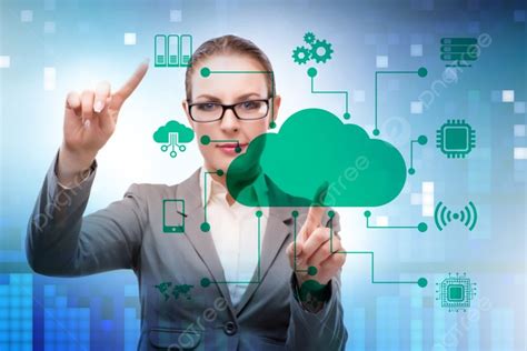 The Cloud Computing Concept With Woman Pressing Buttons Cloud Computing Concept With Woman