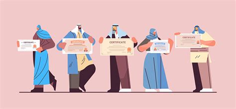 아랍 졸업한 사람들은 학술 학위 학위 기업 교육을 축하 하는 아랍 졸업생 인증서를 개최 가공의 인물에 대한 스톡 벡터 아트 및 기타 이미지 가공의 인물 공부 교육