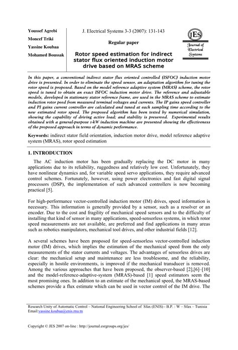 Pdf Rotor Speed Estimation For Indirect Stator Flux Oriented