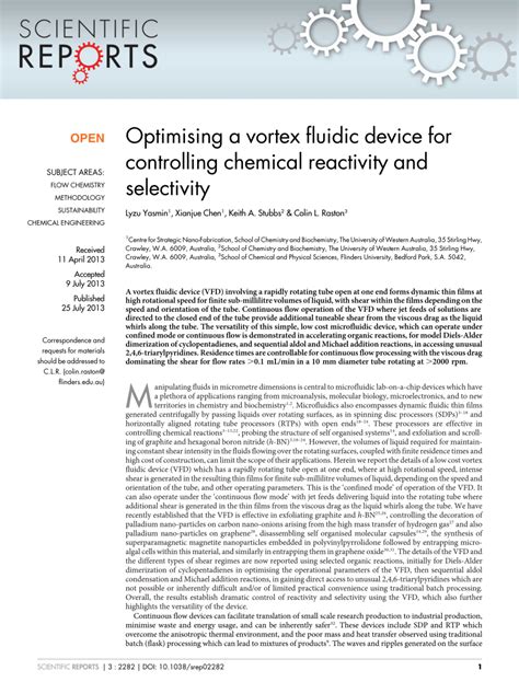 Pdf Optimising A Vortex Fluidic Device For Controlling Chemical Reactivity And Selectivity
