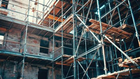 Industrial Scaffolding On Large Building Construction Site With Metal