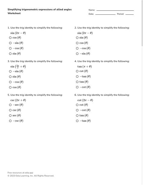 Free Printable Worksheets Trigonometry Evaluating Trigonometric