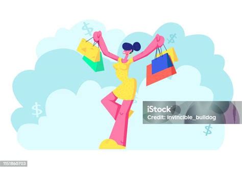 다채로운 종이 가방에 구매와 쾌활 한 쇼핑 중독 소녀 쇼핑 패키지를 들고 행복 한 여자입니다 쇼핑을 하 고 있는 여성 바이어 계절 판매 할인 만화 평면 벡터 일러스트 레이