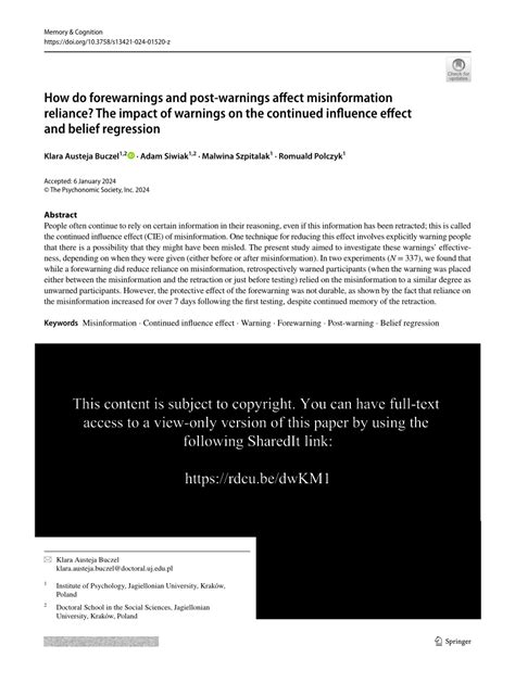 (PDF) How do forewarnings and post-warnings affect misinformation reliance? The impact of ...