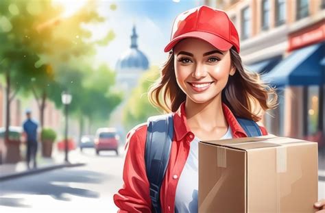 Premium Photo Caucasian Delivery Girl In Cap With Friendly Smile