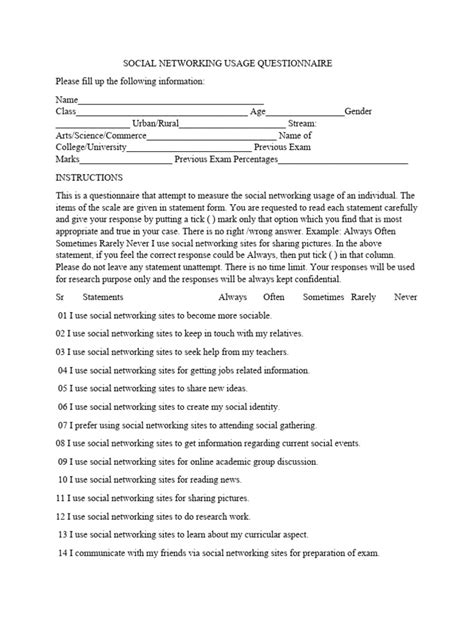 Social Networking Usage Questionnaire Final Pdf Social Networking Service Social Network