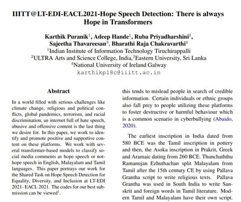 Karthik Puranik On Linkedin Iiitt Lt Edi Eacl2021 Hope Speech Detection There Is Always Hope In…