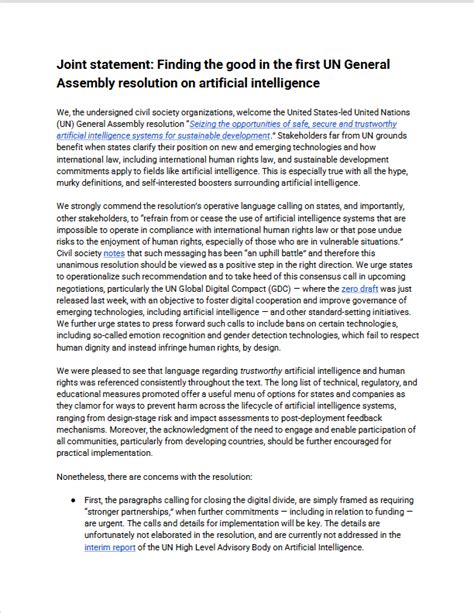 Joint Statement Finding The Good In The First Un General Assembly Resolution On Artificial
