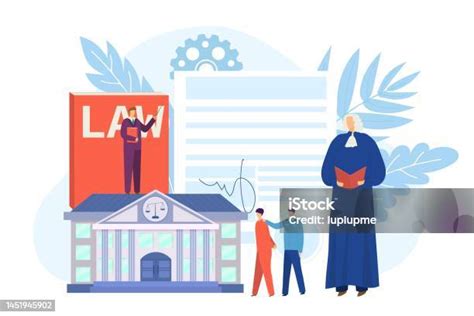 법적 판사 개념 벡터 일러스트가있는 법률 법원 변호사 판사 인물 은 변호사 정의 망치와 평면 판단에 대한 작업을 합니다 만화에