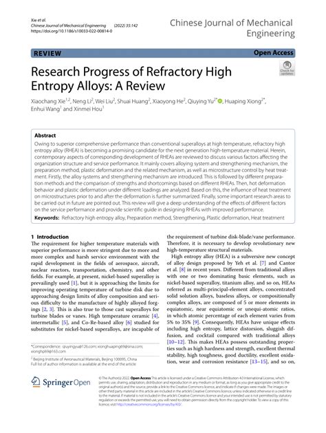 Pdf Research Progress Of Refractory High Entropy Alloys A Review